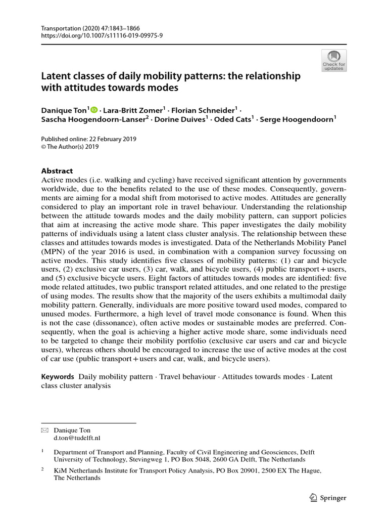 Latent Classes of Daily Mobility Patterns by Ton Et Al 2019 | PDF ...