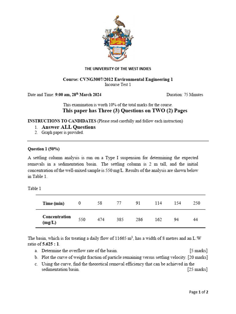 CVNG3007/2012 Environmental Engineering 1 Incourse 2024 | PDF | Applied And Interdisciplinary ...