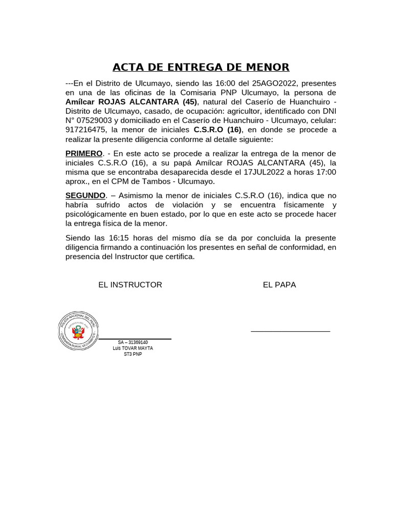 Acta de Entrega de Menor | PDF