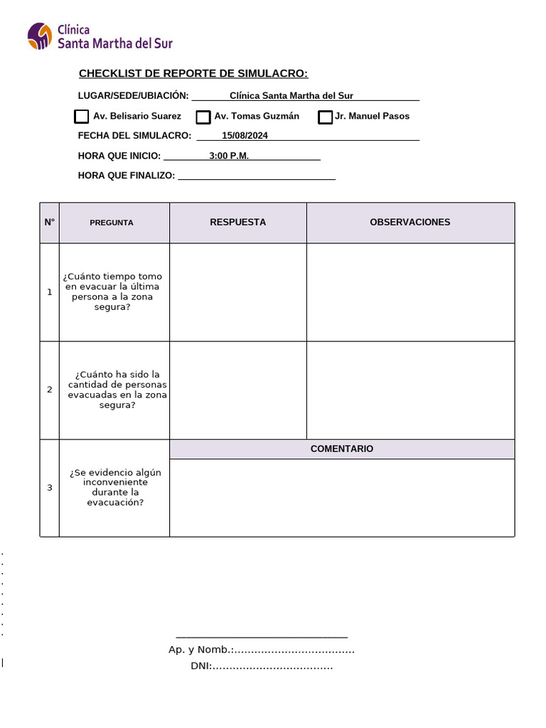 Checklist de Reporte de Simulacro | PDF