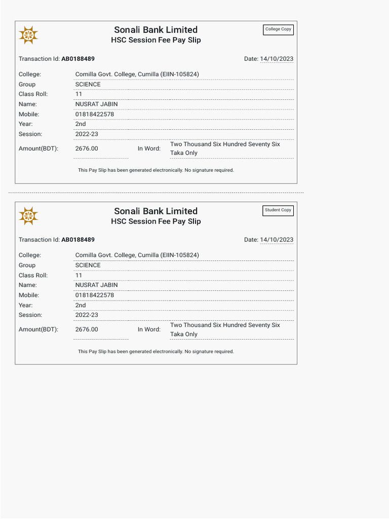 HSC Fee Pay Slip for Nusrat Jabin | PDF