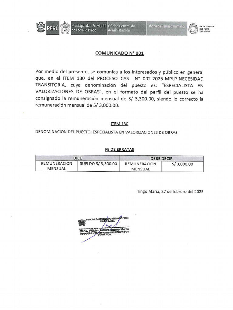 COMUNICADO 001- CAS 002 | PDF