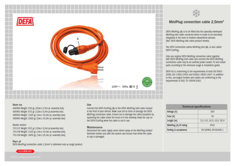GB DEFA MiniPlug Power Supply Cable 25mm2 | PDF | Electrical Connector ...