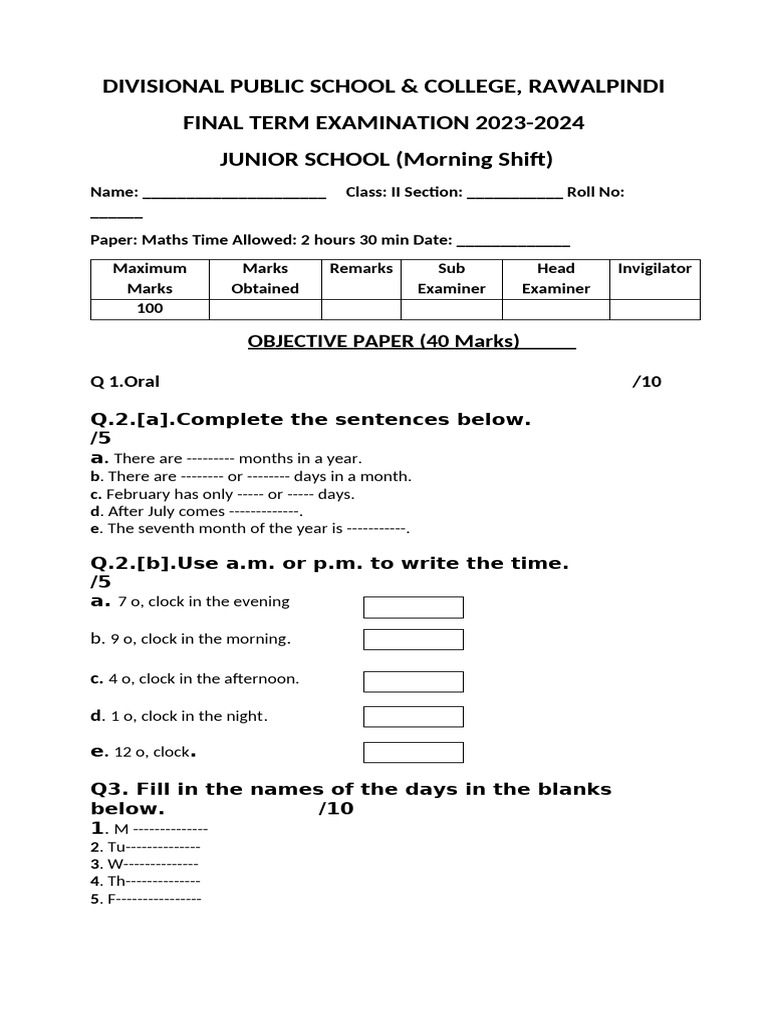 Maths - Class 2 - Final Term Paper - SADIA NOREEN - 29-1-25 | PDF ...