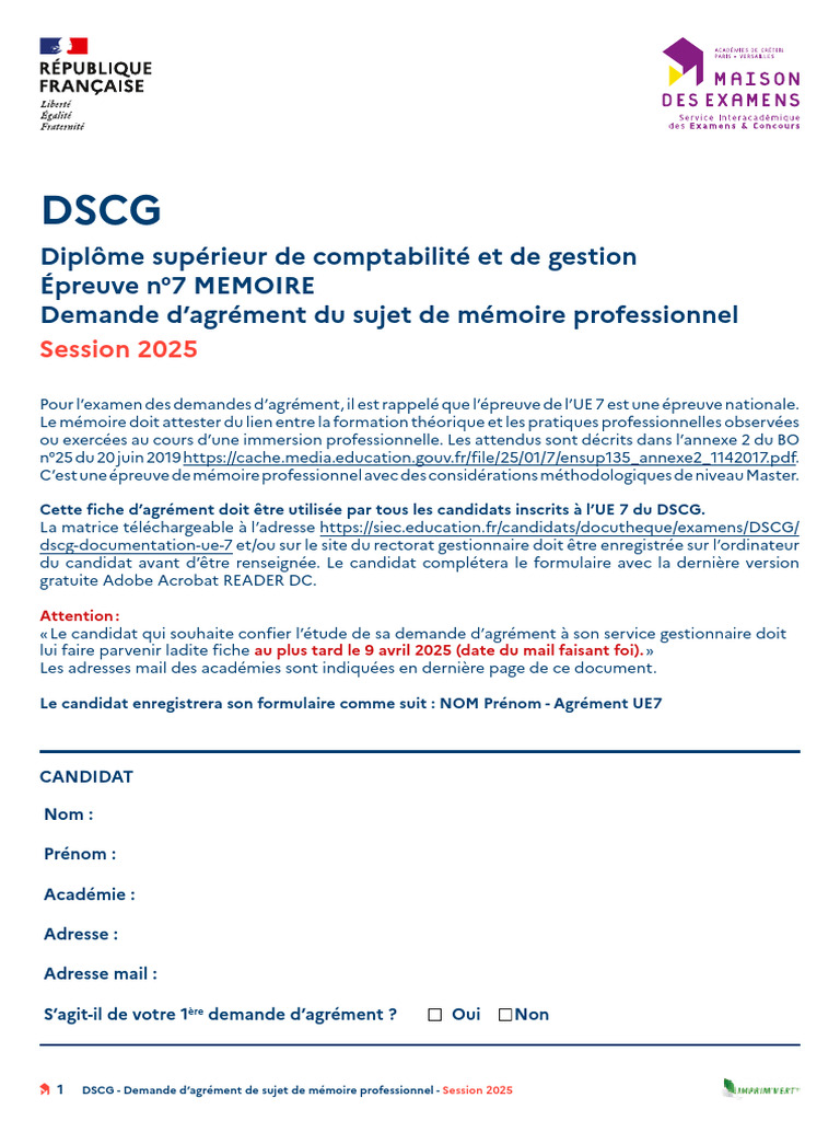 Fiche D Agr Ment Ue7 DSCG 2025 20419 | PDF | l'Internet | Doctorat