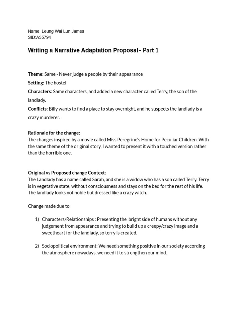 Narrative Adaptation Proposal - Part 1 Wai Lun James | PDF