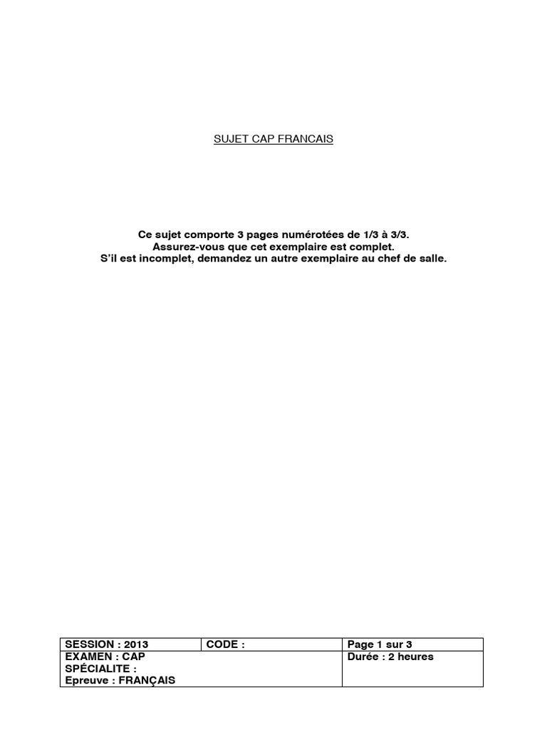 Examen CAP Français 2013 : Sujet et Questions | PDF