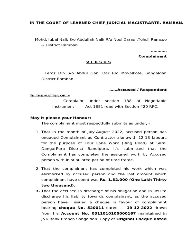 Complaint Under Section 138 NI Act | PDF | Cheque | Public Law