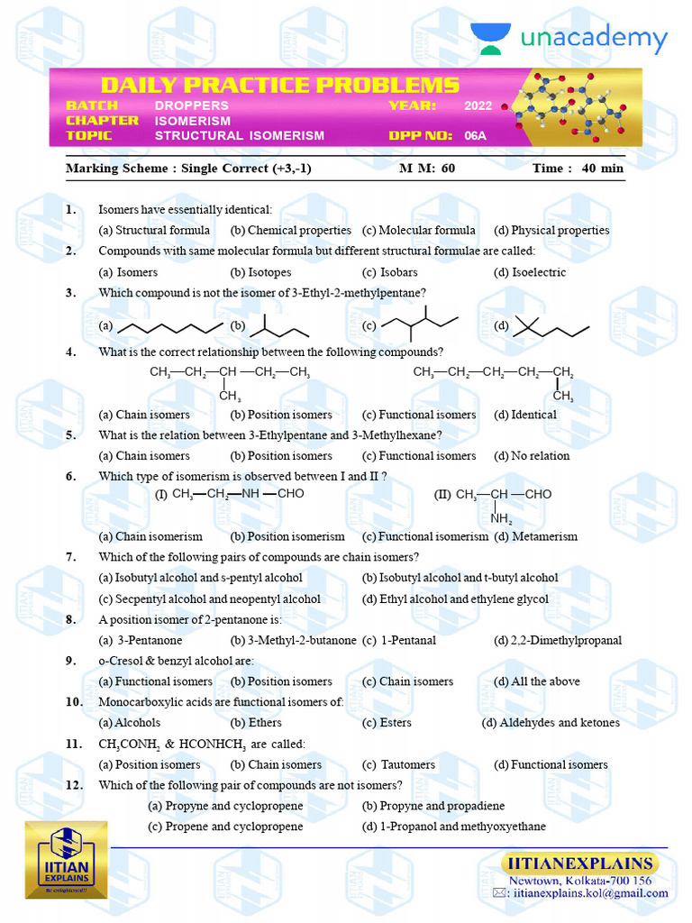 13 DPP 06a Structural Isomerism | PDF | Isomer | Aldehyde