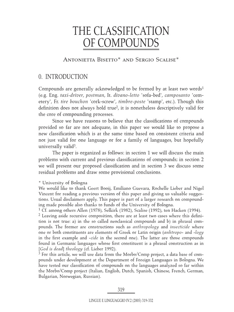 Bisetto e Scalise (2005) The Classification of Compounds | PDF | Adjective | Morphology ...