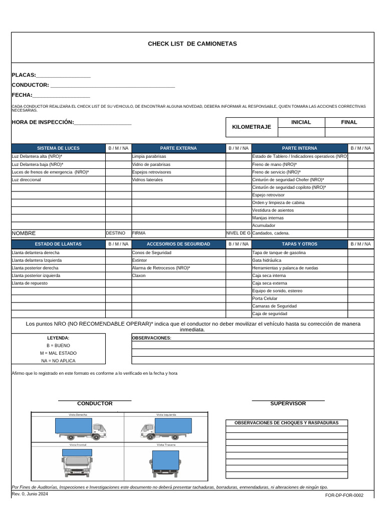 Check List de Inspección de Camionetas | PDF | Coche | Vehículos terrestres