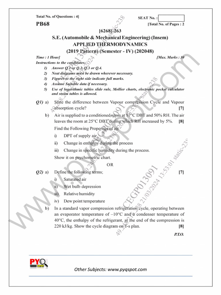At MECH Insem 2024 Solved PyqSPOT Rank | PDF