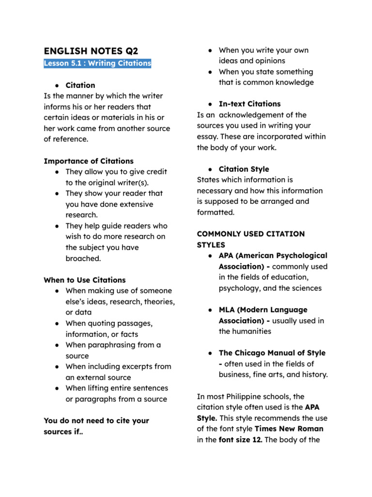ENGLISH NOTES -- Q2 | PDF | Citation | Apa Style