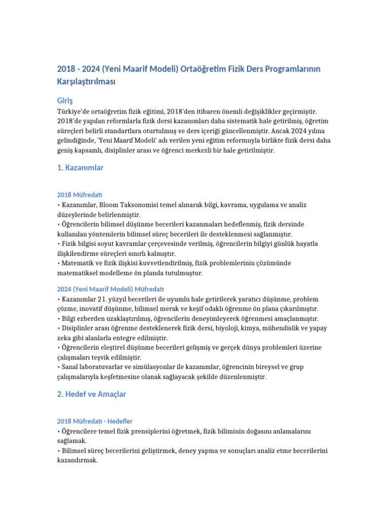 Fizik Ders Programi Karsilastirma | PDF