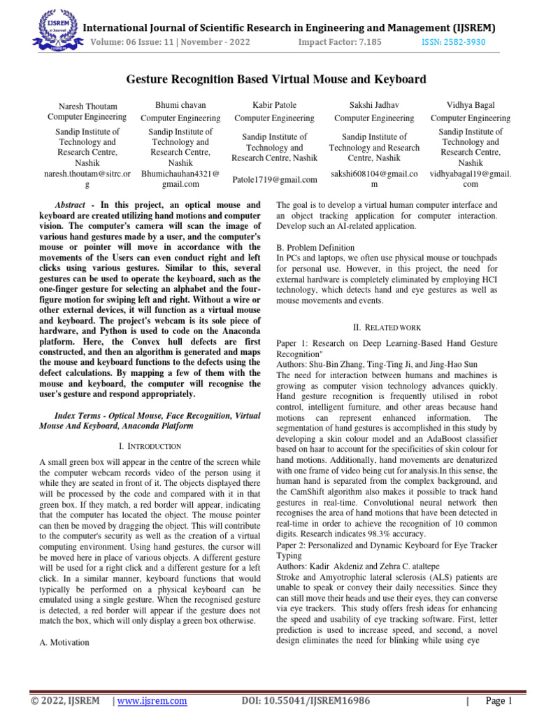 Gesture Recognition Based Virtual Mouse | PDF | Computer Keyboard | Graphical User Interfaces