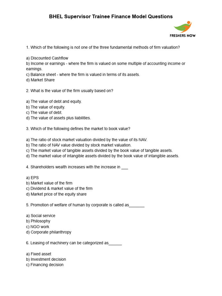 BHEL Supervisor Trainee Finance Model Questions | PDF | Net Present ...