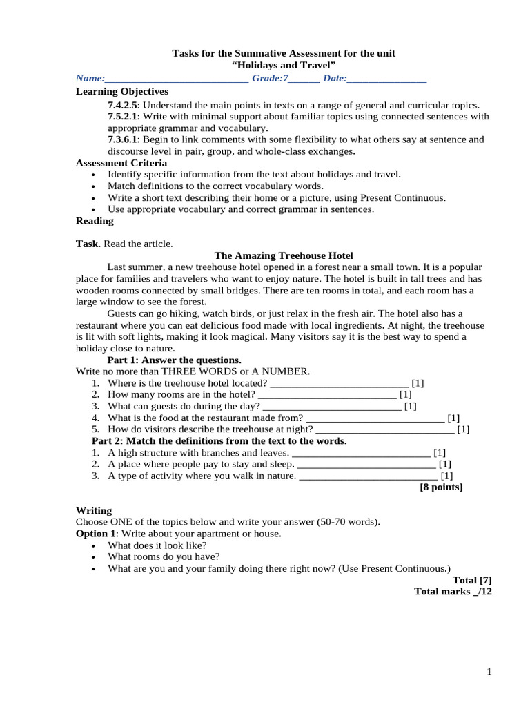 Summative Assessment: Holidays & Travel | PDF | Vocabulary | Human ...