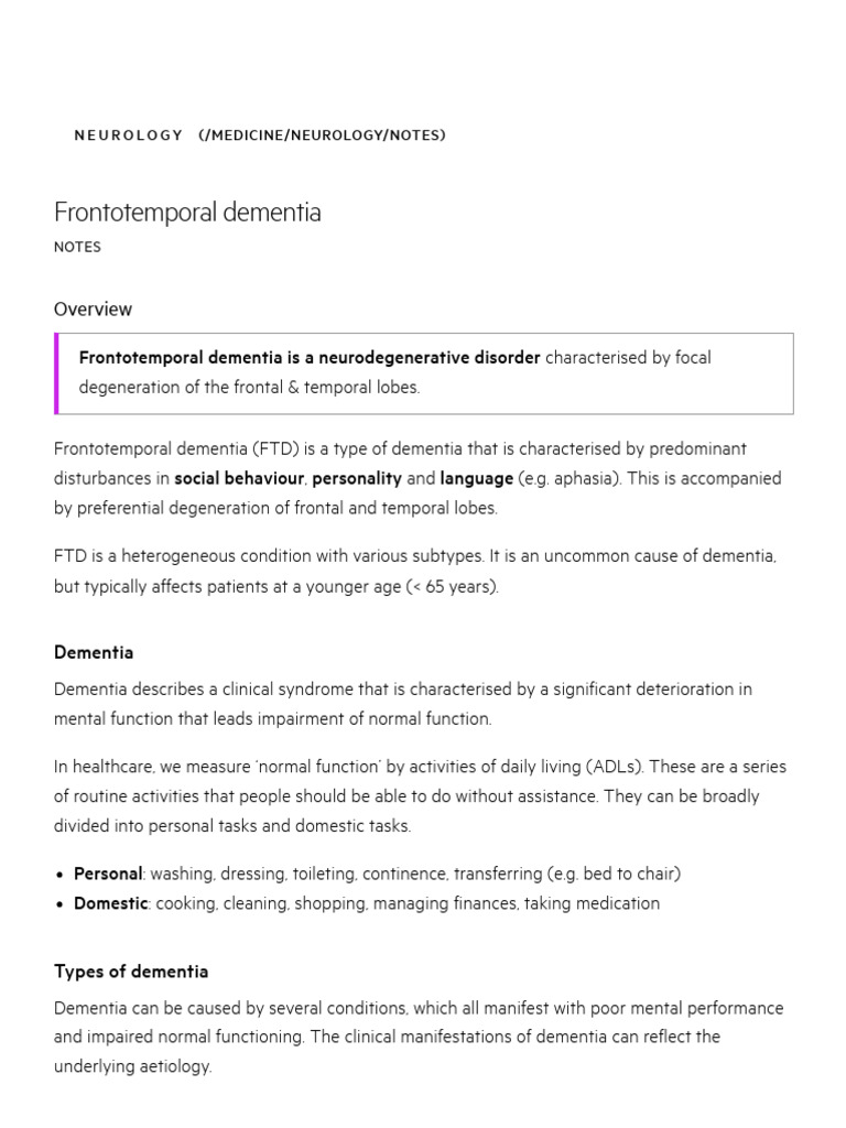 Frontotemporal Dementia Overview and Insights | PDF | Nervous System ...