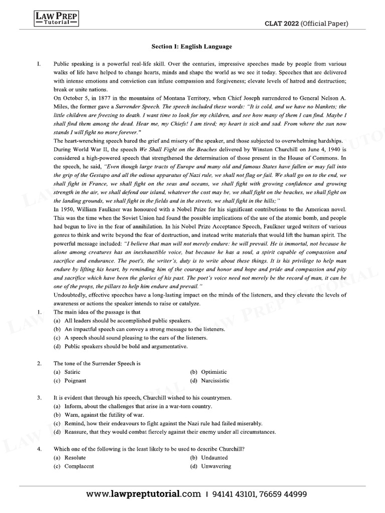 CLAT 2022 Official Paper PDF | PDF