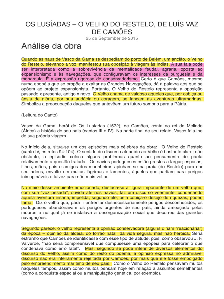 Análise de 'O Velho Do Restelo', de Luís Vaz de Camões | PDF