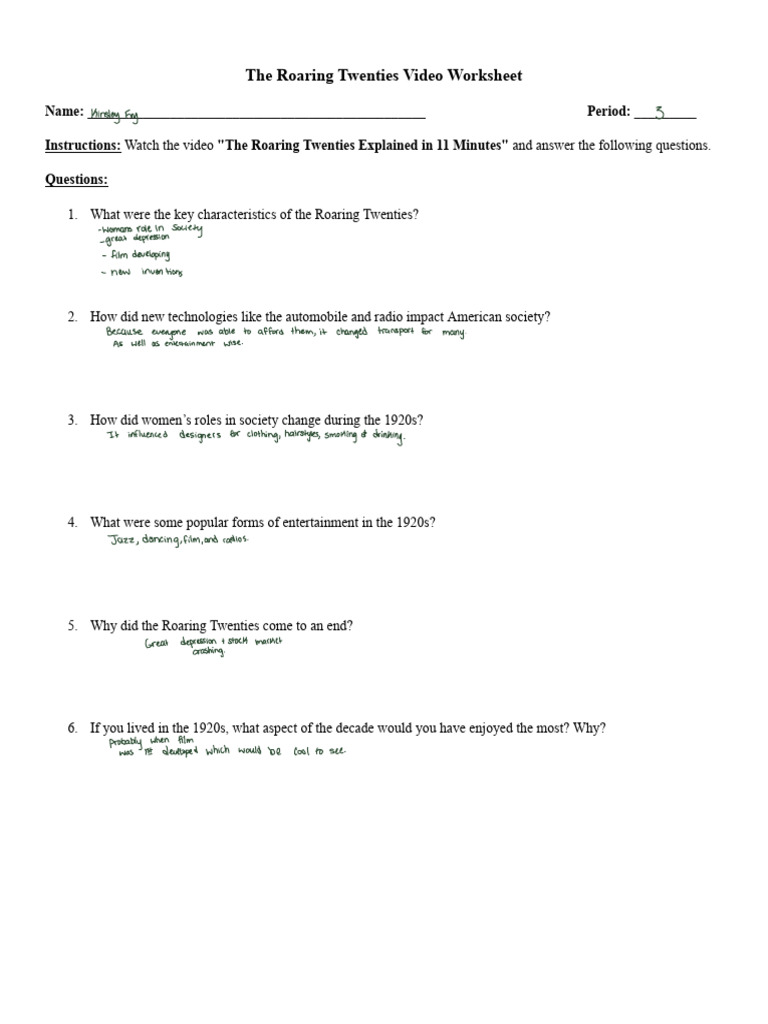 The Roaring Twenties Video Worksheet - Revised | PDF