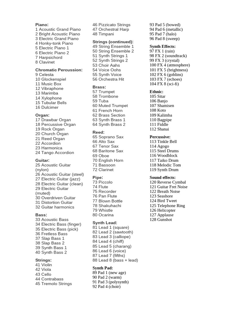 Lista de Instrumentos de Piano Midi | PDF | Guitars | Double Bass