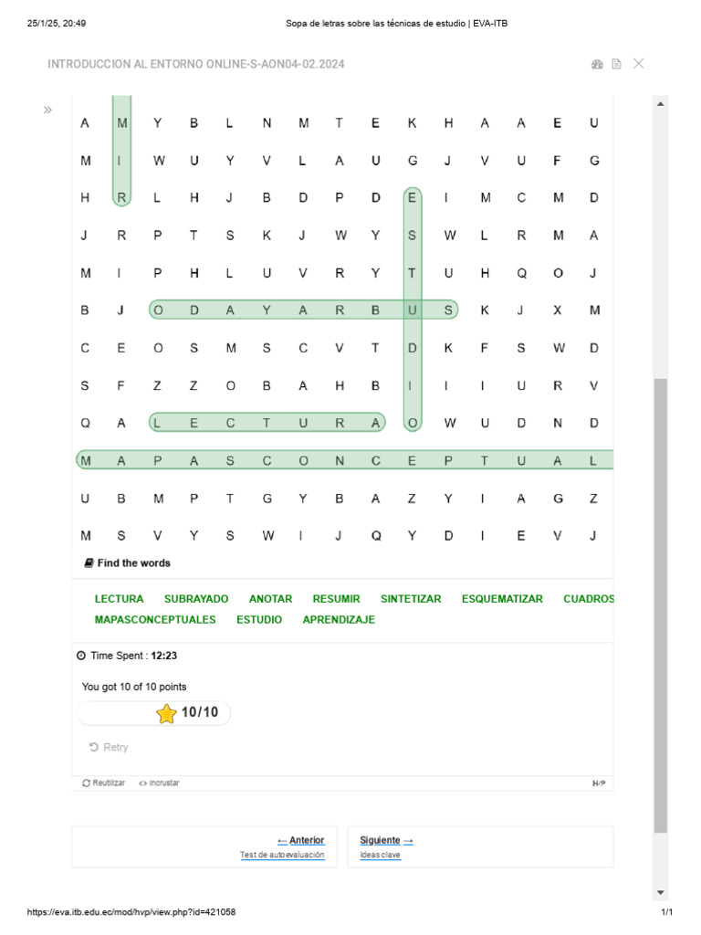 Sopa de Letras Sobre Las Técnicas de Estudio - EVA-ITB | PDF