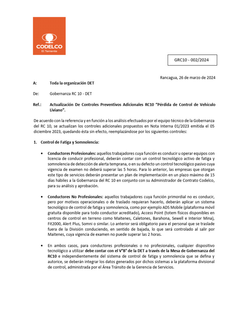 Nota Interna Actualización Controles RC10 | PDF