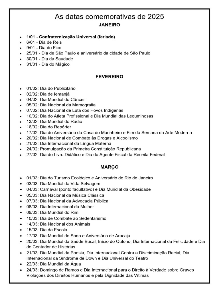Datas Comemorativas de 2025 | PDF | Brasil