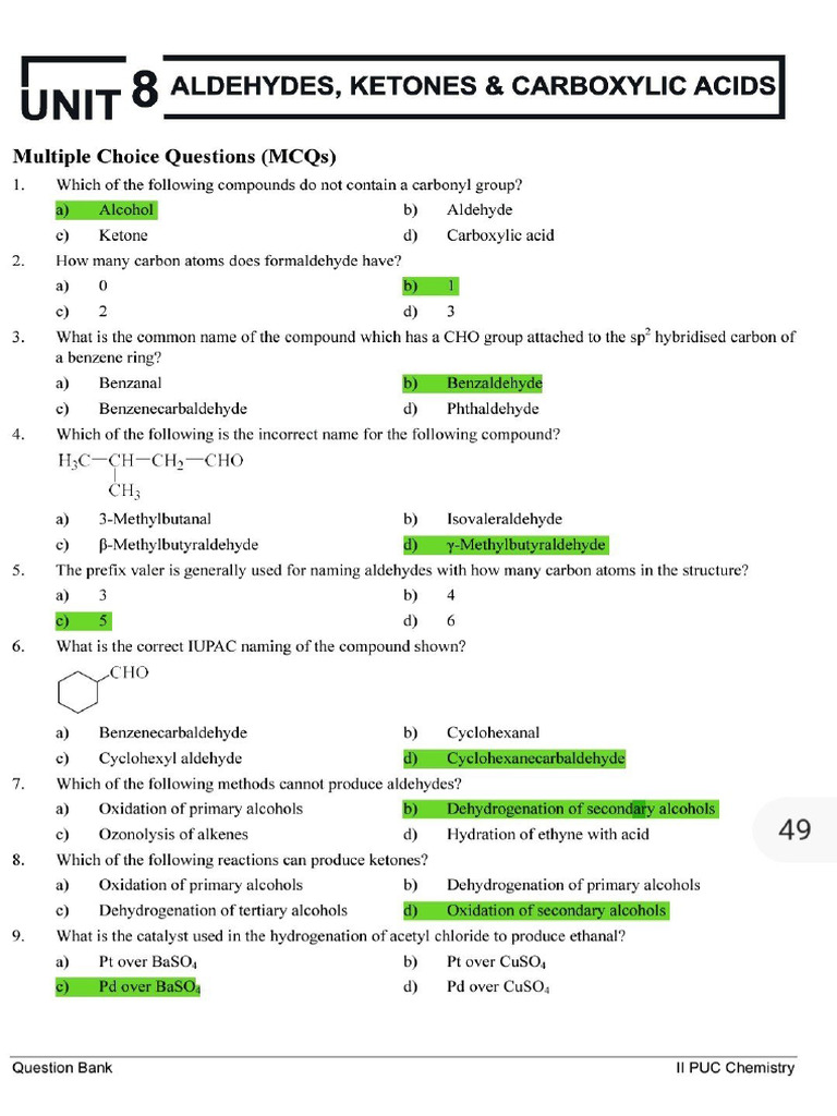 Aldehydes, Ketone, Carboxylic Acid MCQ &FIB With Answers | PDF