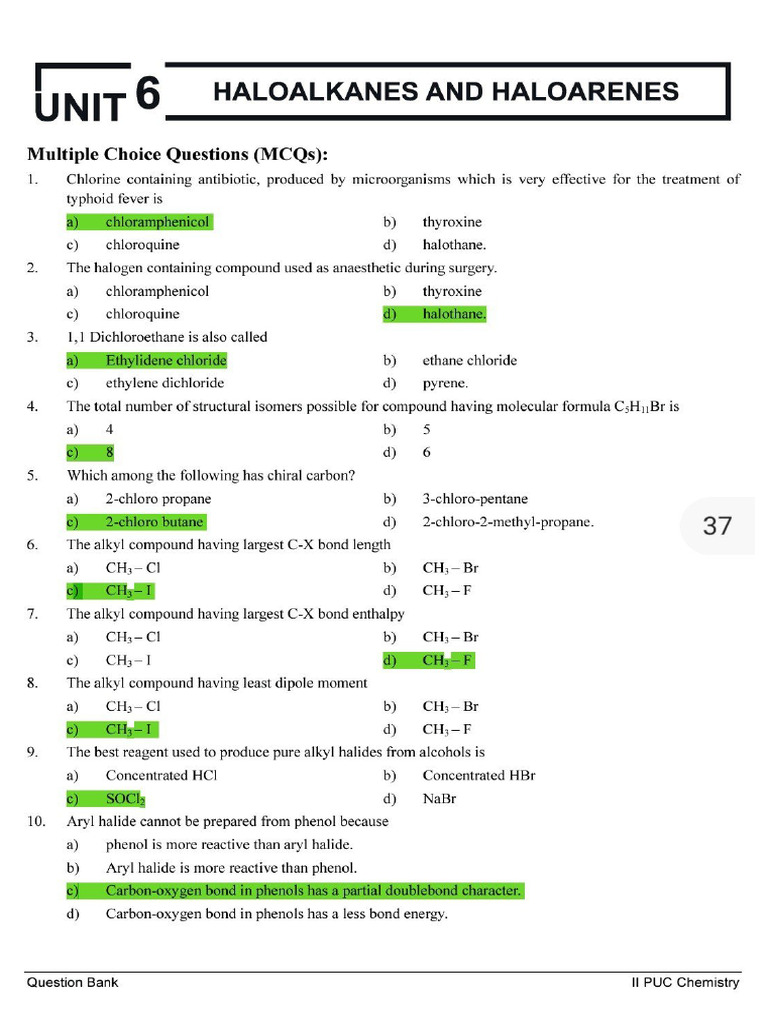 Haloalkanes and Haloarenes MCQ&FIB With Answers | PDF
