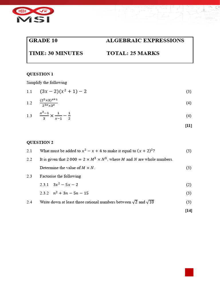 Grade 10 Algebraic Expressions Test | PDF