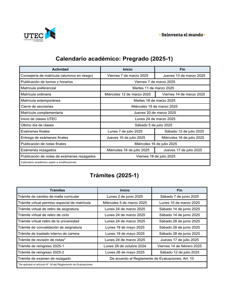 Calendario Académico UTEC 2025-1 | PDF
