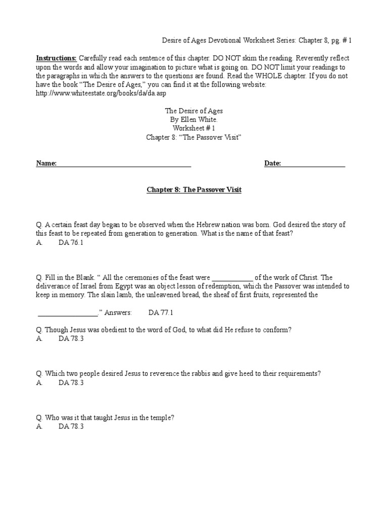 Chapter 8 The Passover Visit Question Sheet | PDF | Passover | Jesus