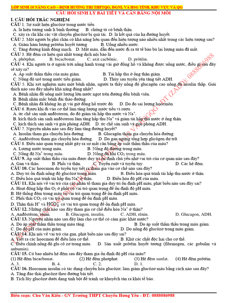 CÂU HỎI SINH LÝ BÀI TIẾT VÀ CÂN BẰNG NỘI MÔI 2023 Cho hs1 | PDF