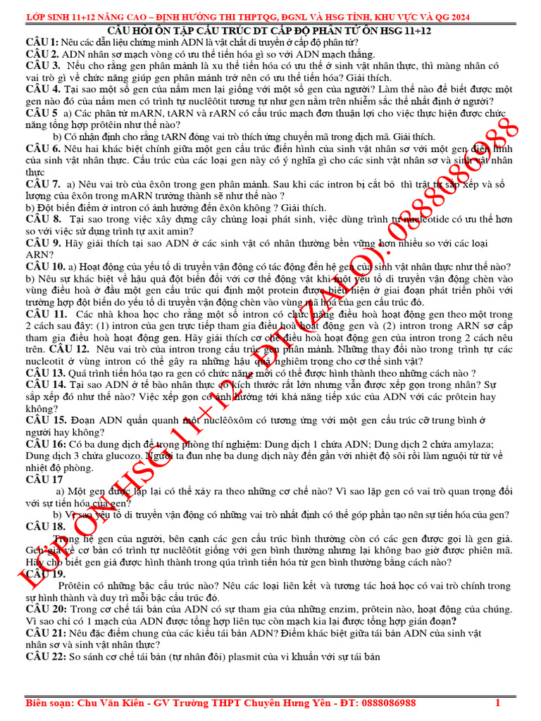 CÂU HỎI ÔN TẬP CẤU TRÚC DT CẤP ĐỘ PHÂN TỬ ÔN HSG 11+12 | PDF