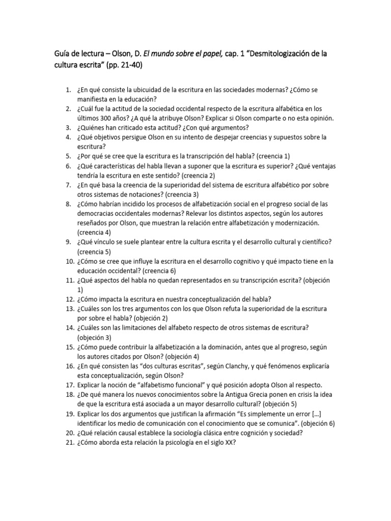 Guía De Lectura Olson Pdf Literatura Escritura