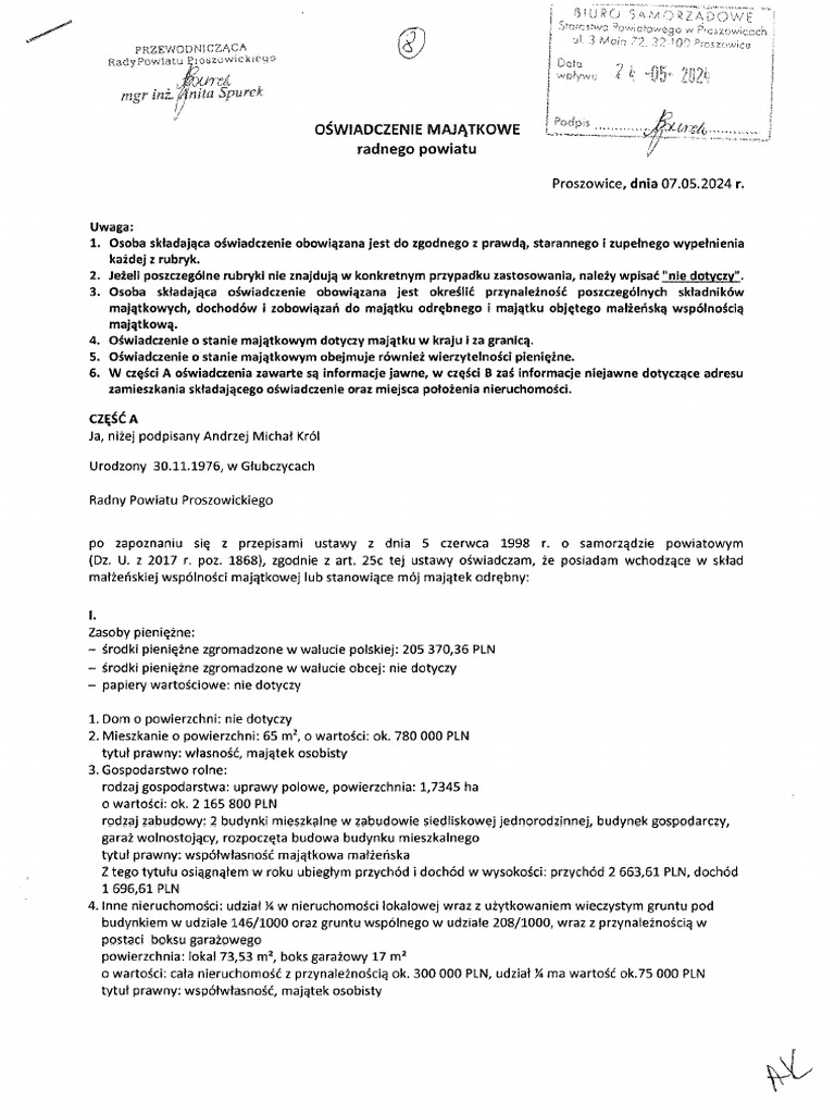 Oswiadczenie Majatkowe Andrzej Krol - Maj 2024r. | PDF