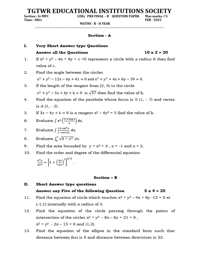 MATHS - IIB PRE FINAL -2 2ND YEAR 25.02.2025 | PDF | Euclidean Plane Geometry | Euclid