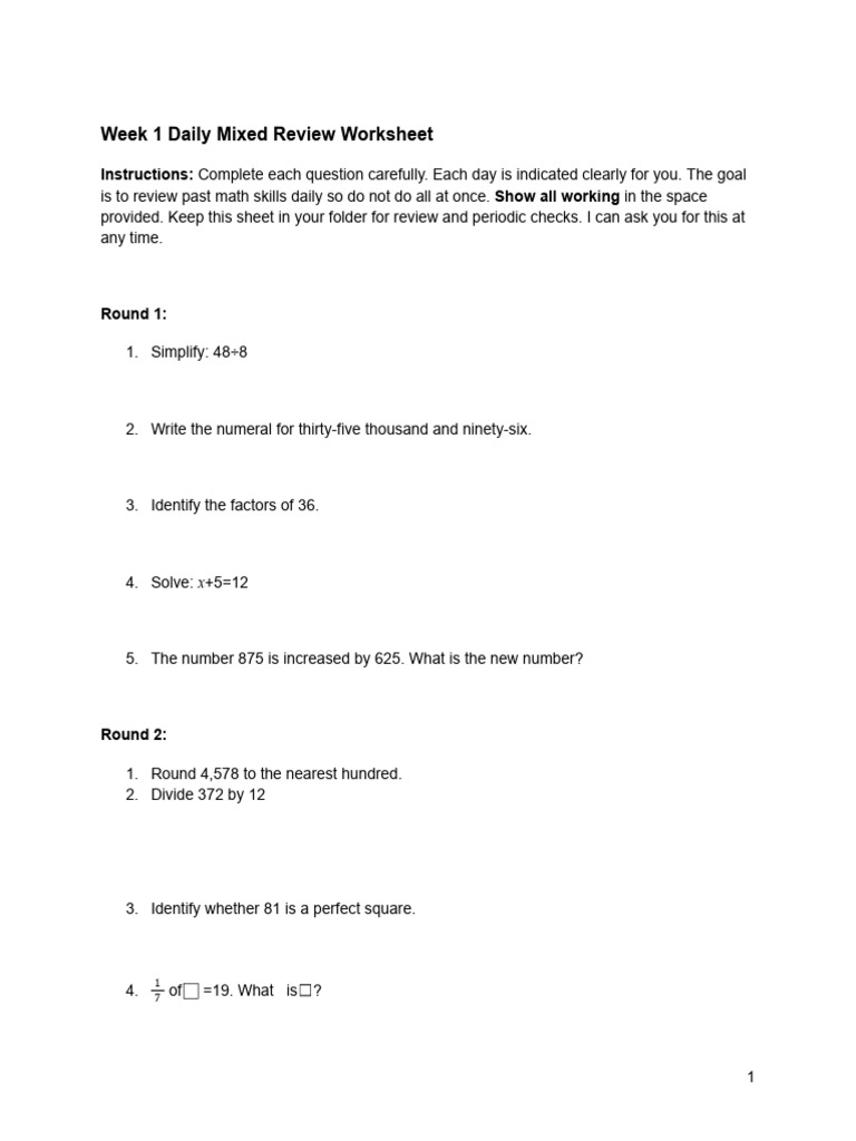 Week 1 Math Skills Review Worksheet | PDF