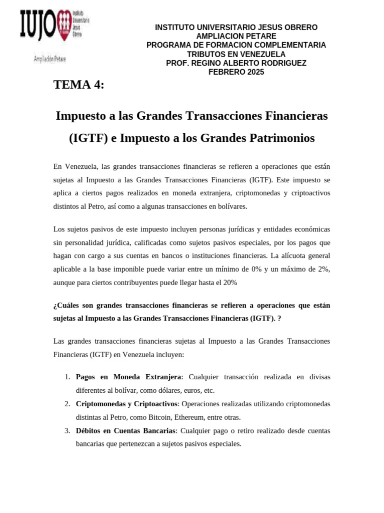 TEMA No. 4 IGTF E IMPUESTO A LOS GRANDES PATRIMONIOS | PDF | Impuestos ...