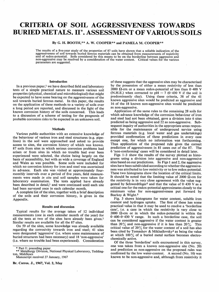 Booth Et Al 1967 Criteria of Soil Aggressiveness Towards Buried Metals ...