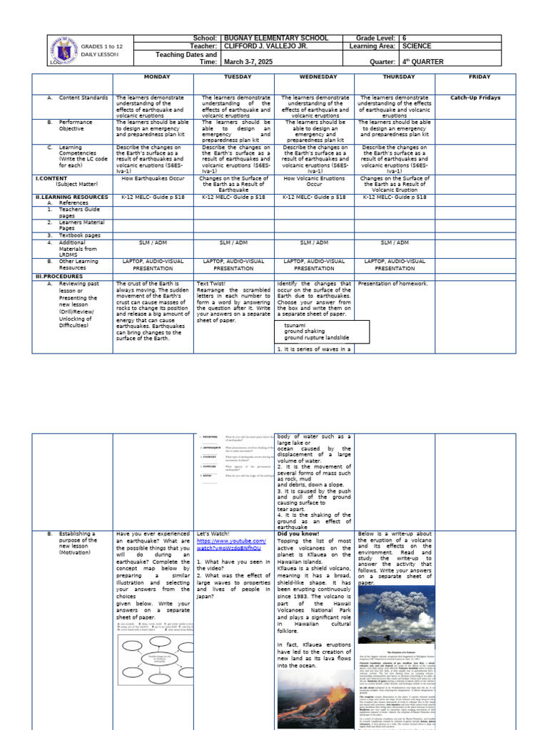 Q4 Science-6-Week-1) | PDF | Volcano | Earthquakes