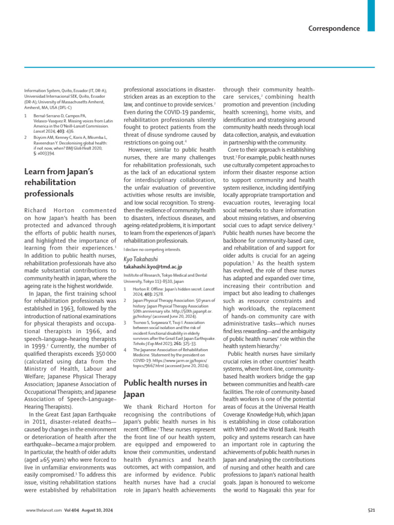 Public Health Nurses in Japan Lancet | PDF | Physical Therapy | Public ...