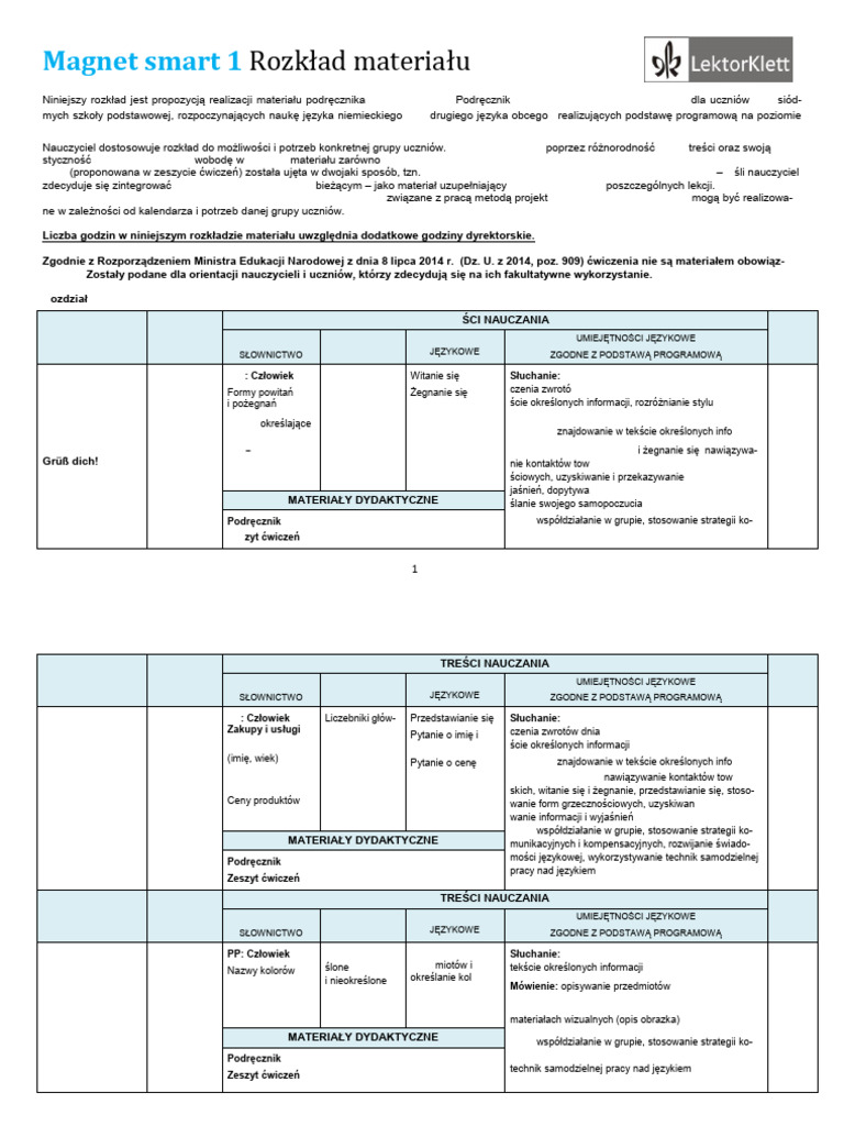 Magnet Smart 1 - Rozklad Materiału - II - Na - 3 - Godziny | PDF