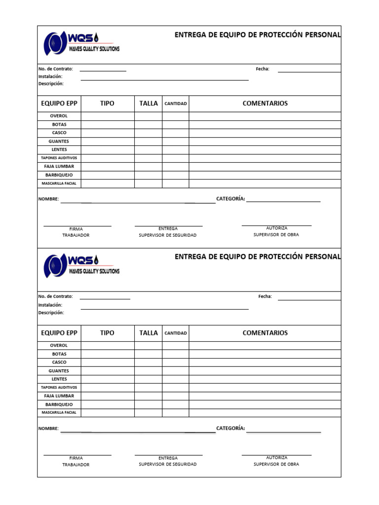 Vales de Entrega Epp Wqs | PDF
