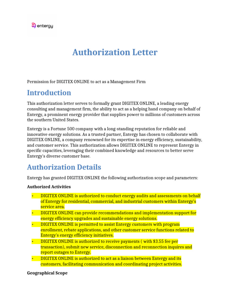 Authorization Letter Entergy | PDF | Information Privacy | Mediation