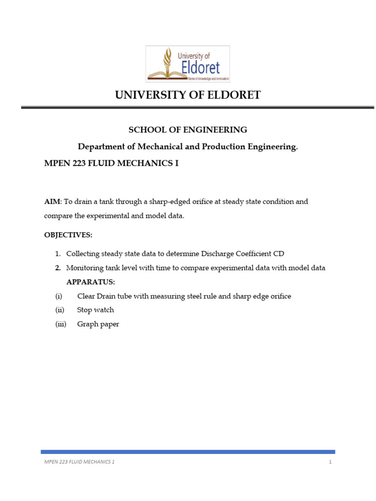 MPEN 223 FLUID MECHANICS 1 Time To Empty Tank Lab Sheet | PDF | Flow Measurement | Fluid Dynamics