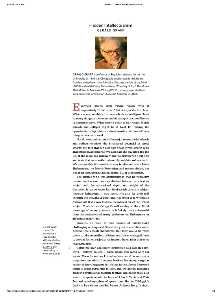 GERALD GRAFF, Hidden Intellectualism | PDF