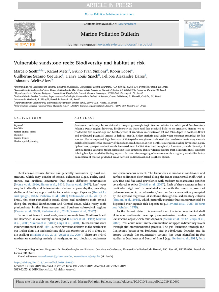 Soeth Et Al, 2019, Vulnerable Sandstone Reefs... Pesca Fantasma e ...